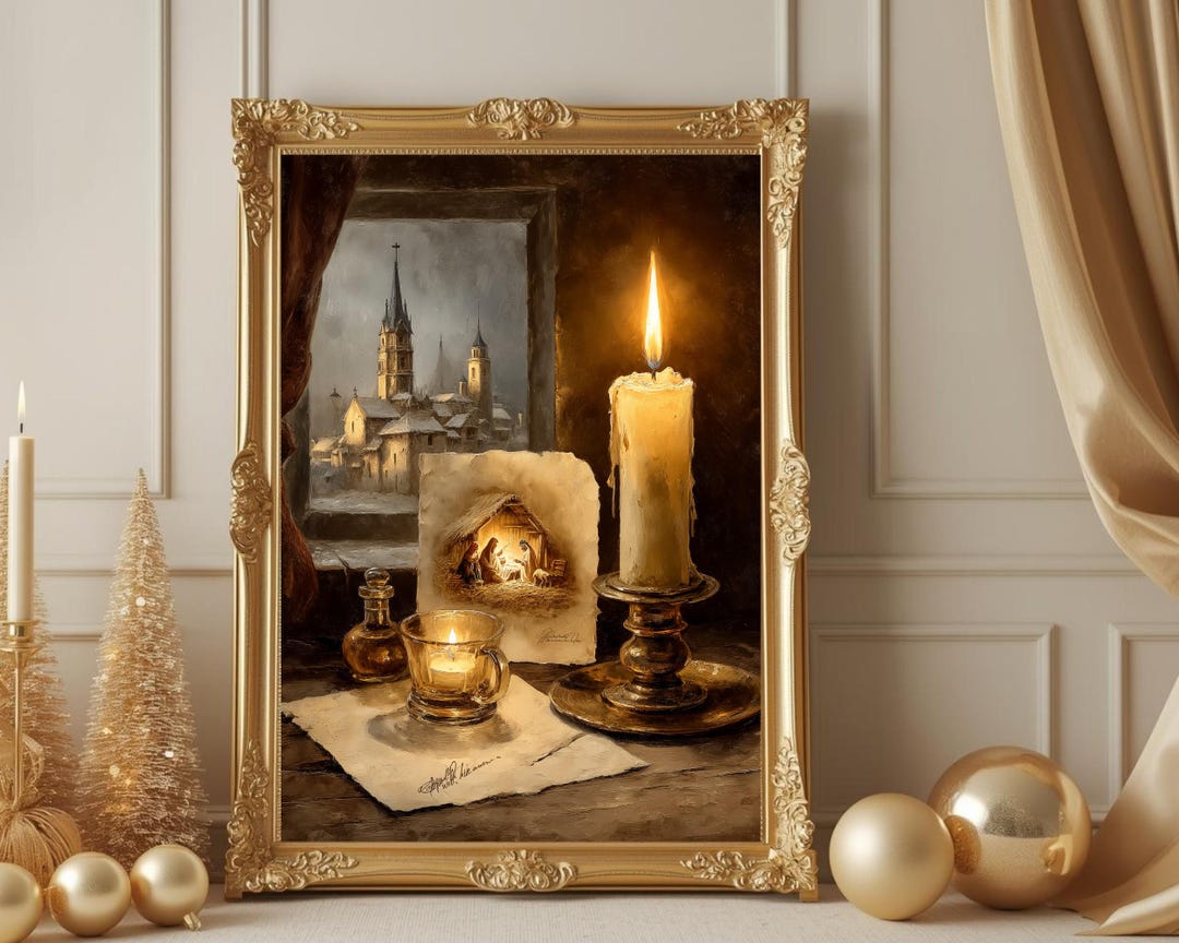 Nativity Candlelight Christmas Art Print – Vintage Winter Window Scene ...