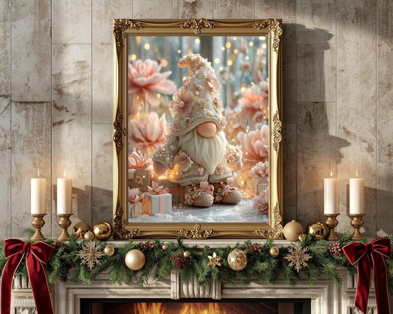 Floral Christmas Gnome Art Print – Pastel Holiday Decor (digital ...