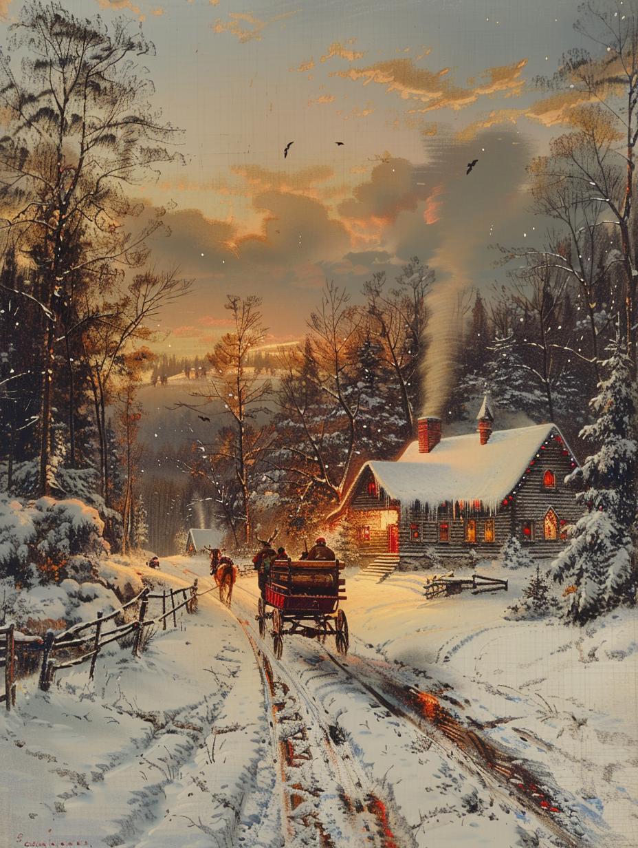 Homeward Sleigh Ride — Vintage Winter Cottage Print, Snowy Road Wall ...