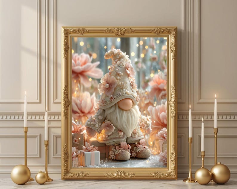 Floral Christmas Gnome Art Print – Pastel Holiday Decor (digital ...