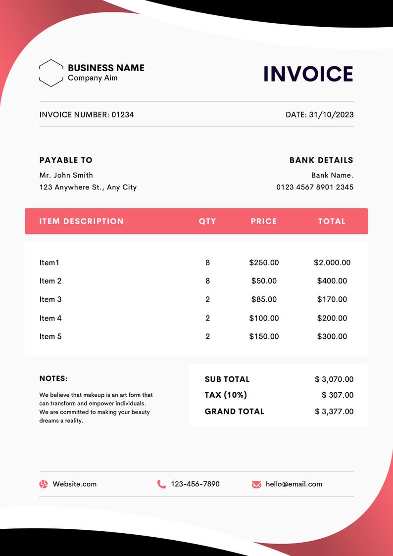 Editable Business Invoice Template: Printable Billing & Receipt Form ...