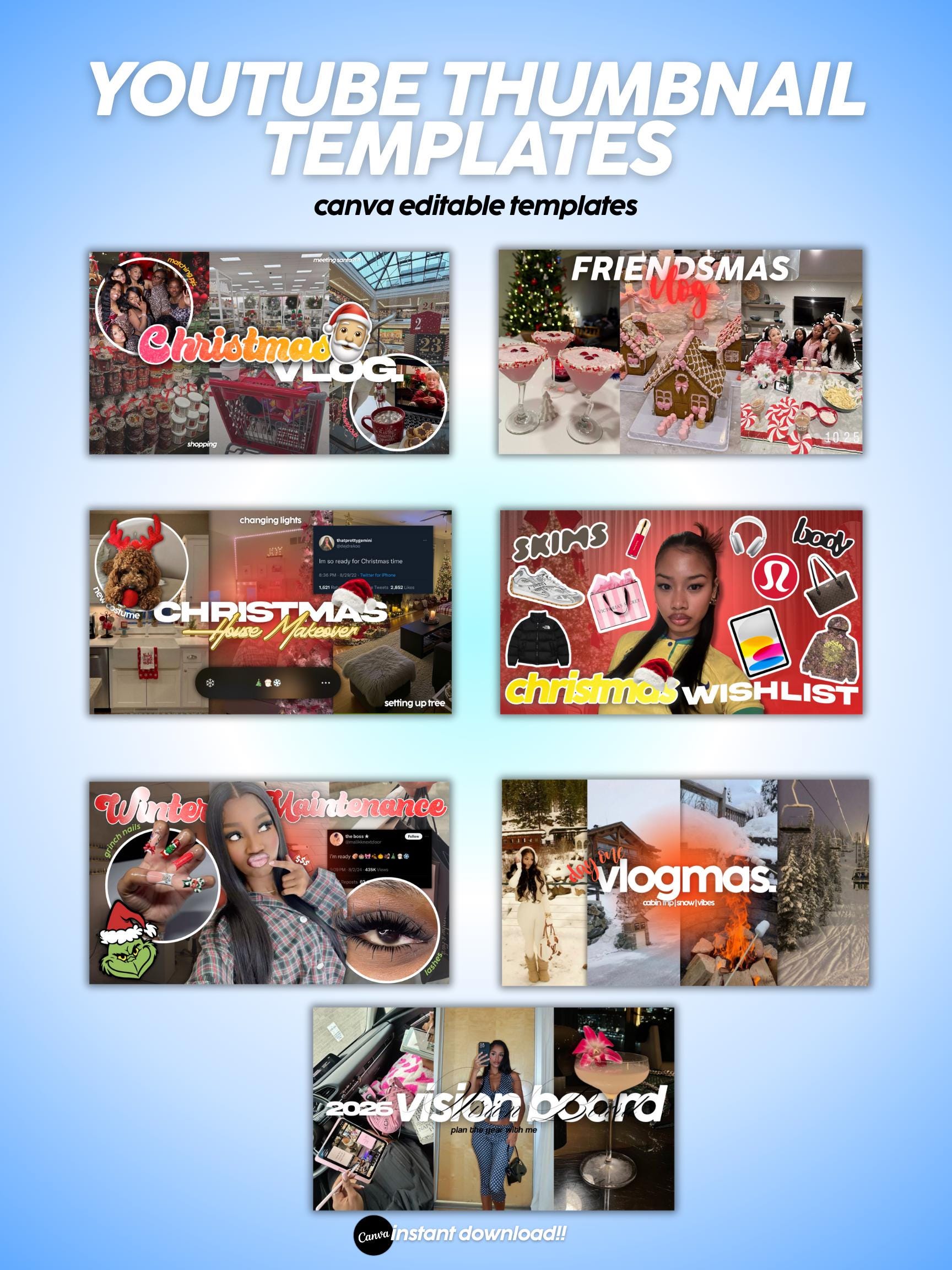 Holiday Youtube Thumbnail Pack | 6 Christmas + 1 Vision Board Canva ...