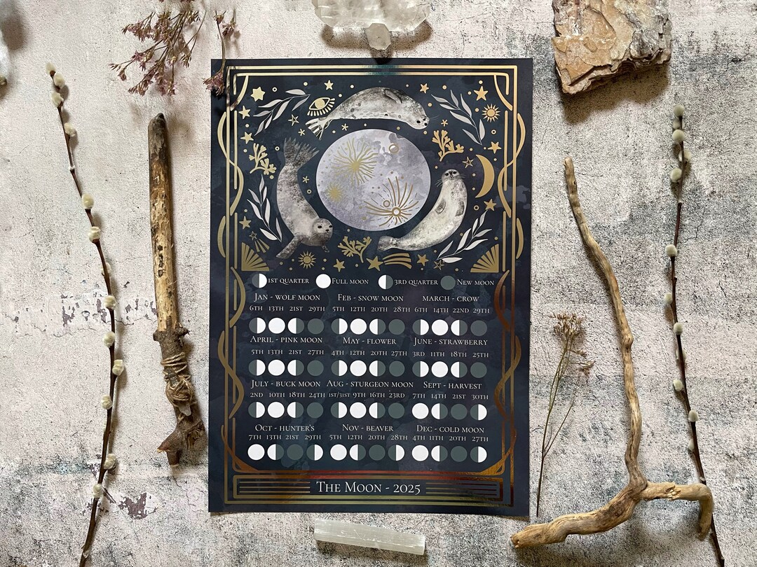 A3 Moon Calendar, Silver Foil, Lunar Wall Art, Seal Illustration - Etsy