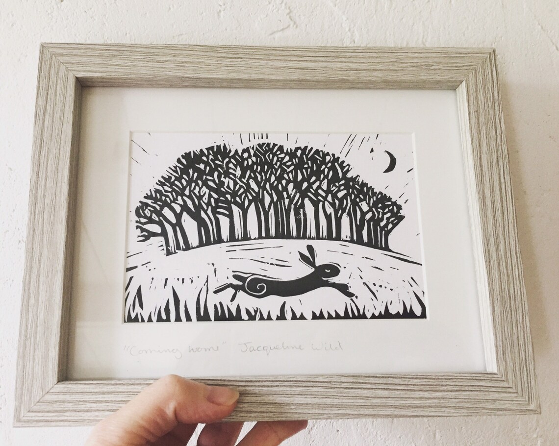 Hare Linocut Lino Print Woodland Animal Whimsical Art | Etsy