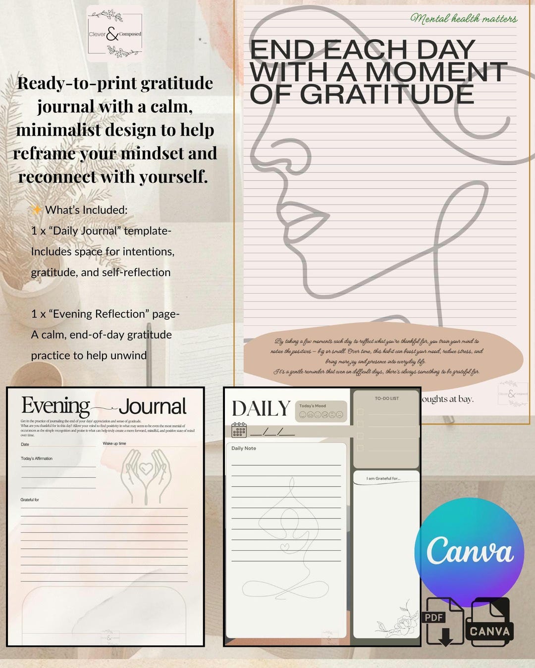 Gratitude Journal Printable: Daily and Evening Reflection PDF Calm ...