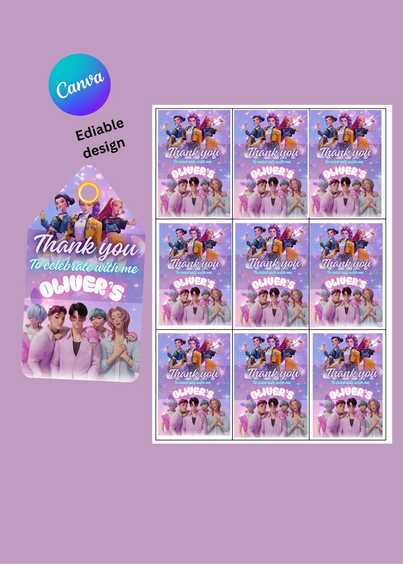 Editable K-pop Thank You Tags | Party Favor Template (canva) - Etsy