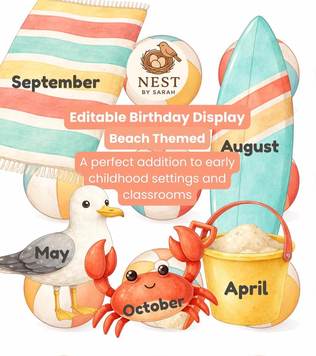 Beach Themed Birthday Chart for Classrooms | Editable Birthday Display ...