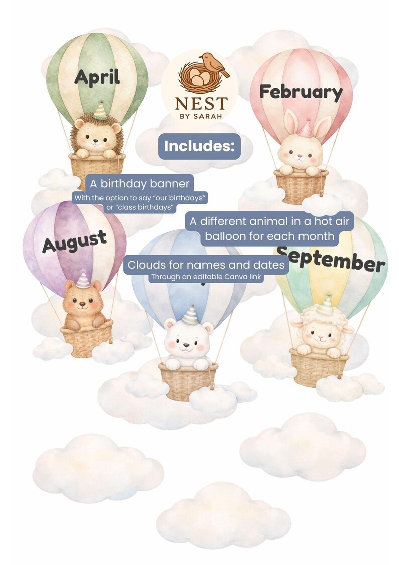 Classroom Birthday Display | Animals in Hot Air Balloons Theme ...