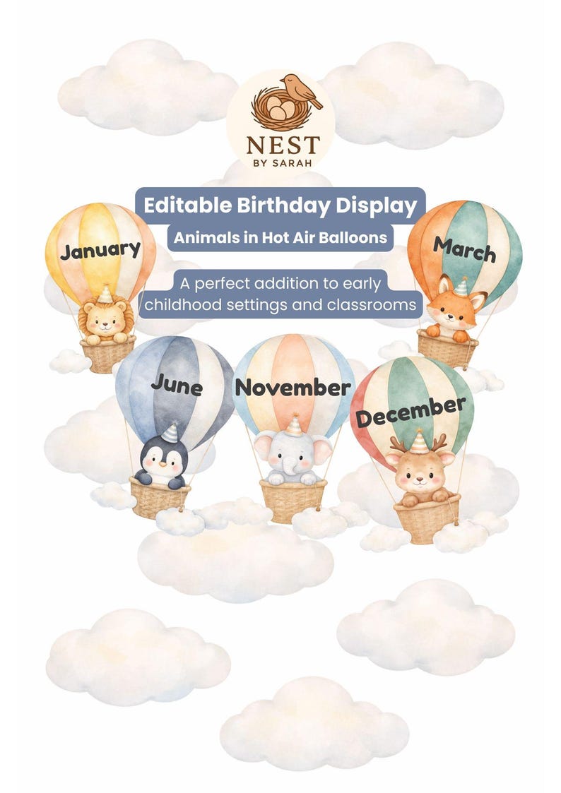 Editable Classroom Birthday Display | Animals in Hot Air Balloons Theme ...