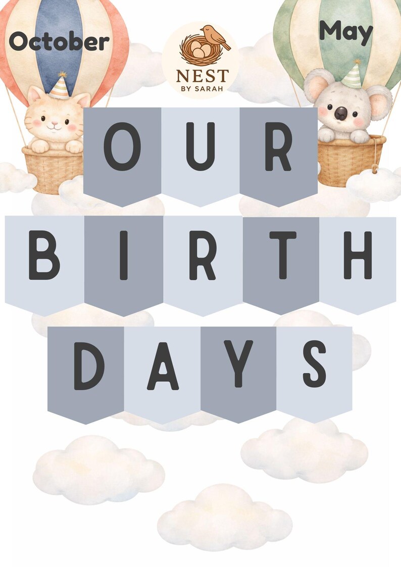 Editable Classroom Birthday Display | Animals in Hot Air Balloons Theme ...