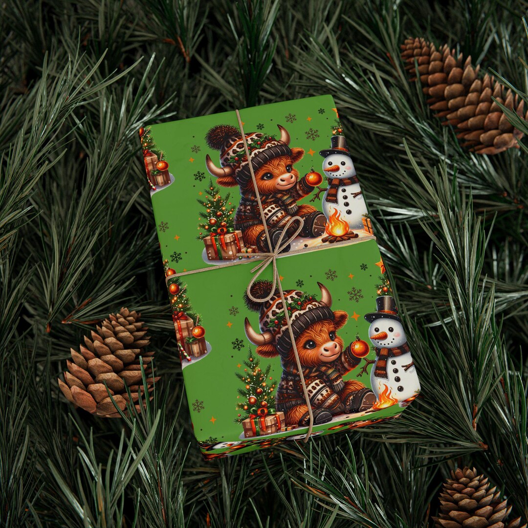 Highland Cow and Snowman Pattern Wrapping Paper | Christmas Holiday ...