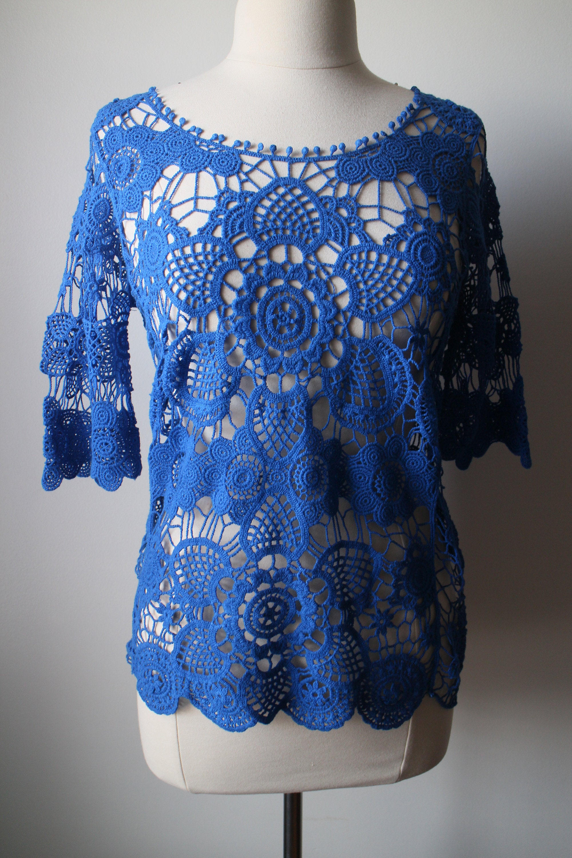 VINTAGE 90s Blue Cotton Boho Crocheted 3/4 Sleeves Top Sz M - Etsy