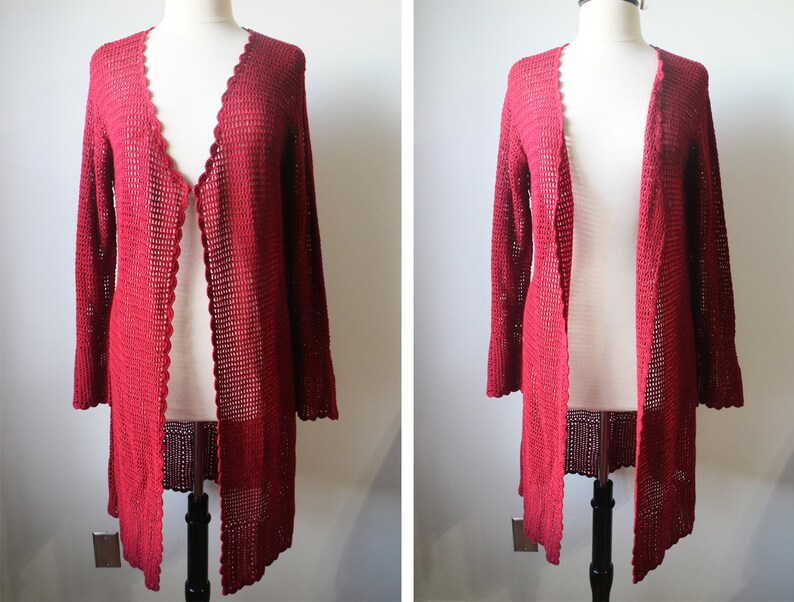 Vintage Long Line Red Crocheted Long Sleeves Cardigan Size L - Etsy