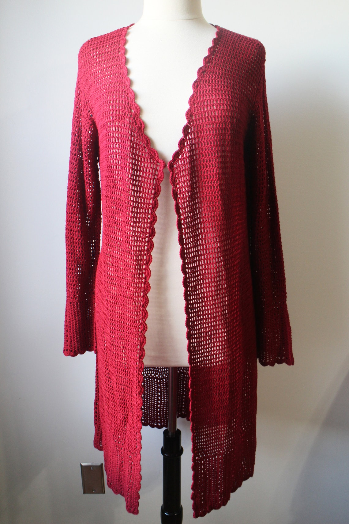 Vintage Long Line Red Crocheted Long Sleeves Cardigan Size L | Etsy