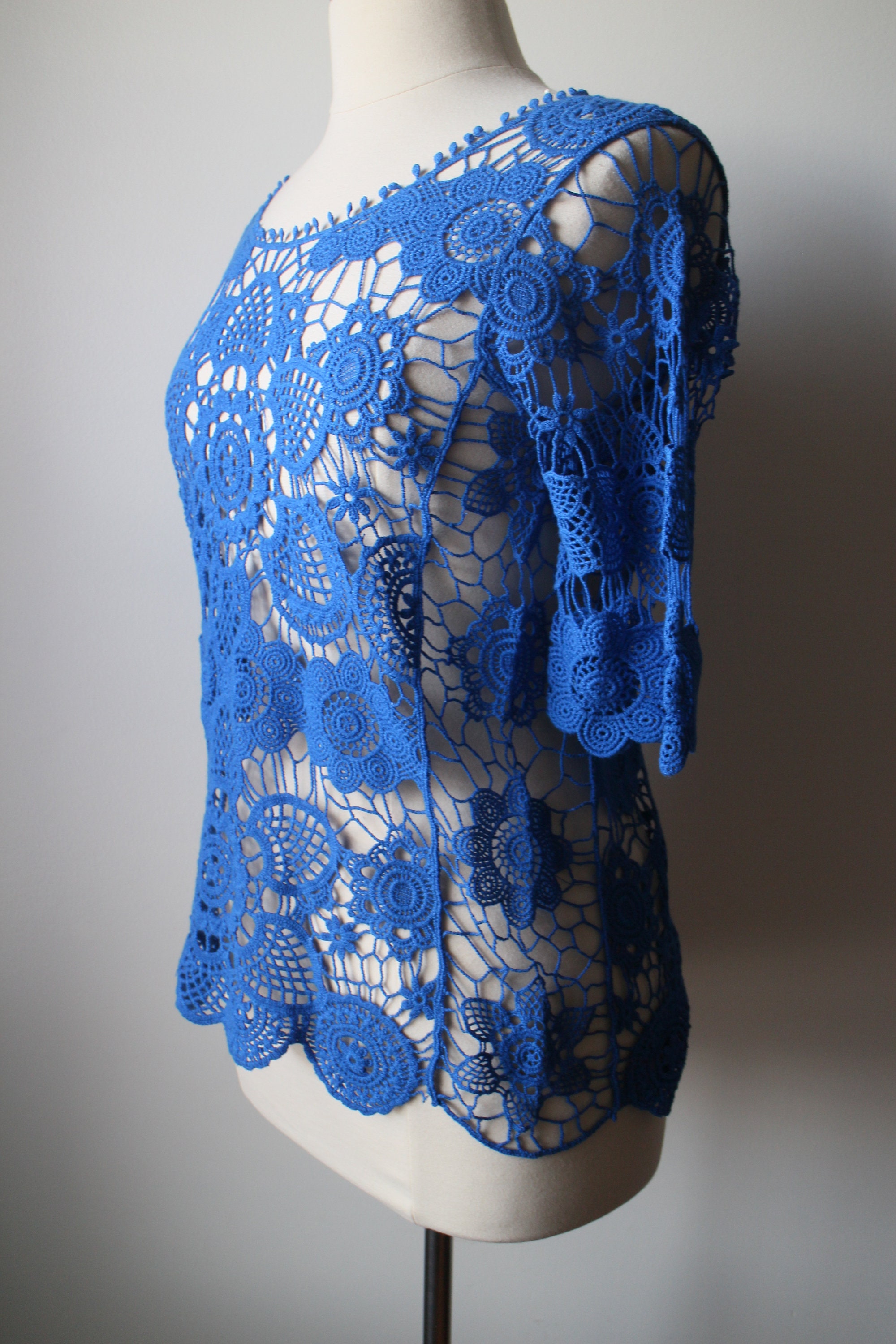 VINTAGE 90s Blue Cotton Boho Crocheted 3/4 Sleeves Top Sz M - Etsy