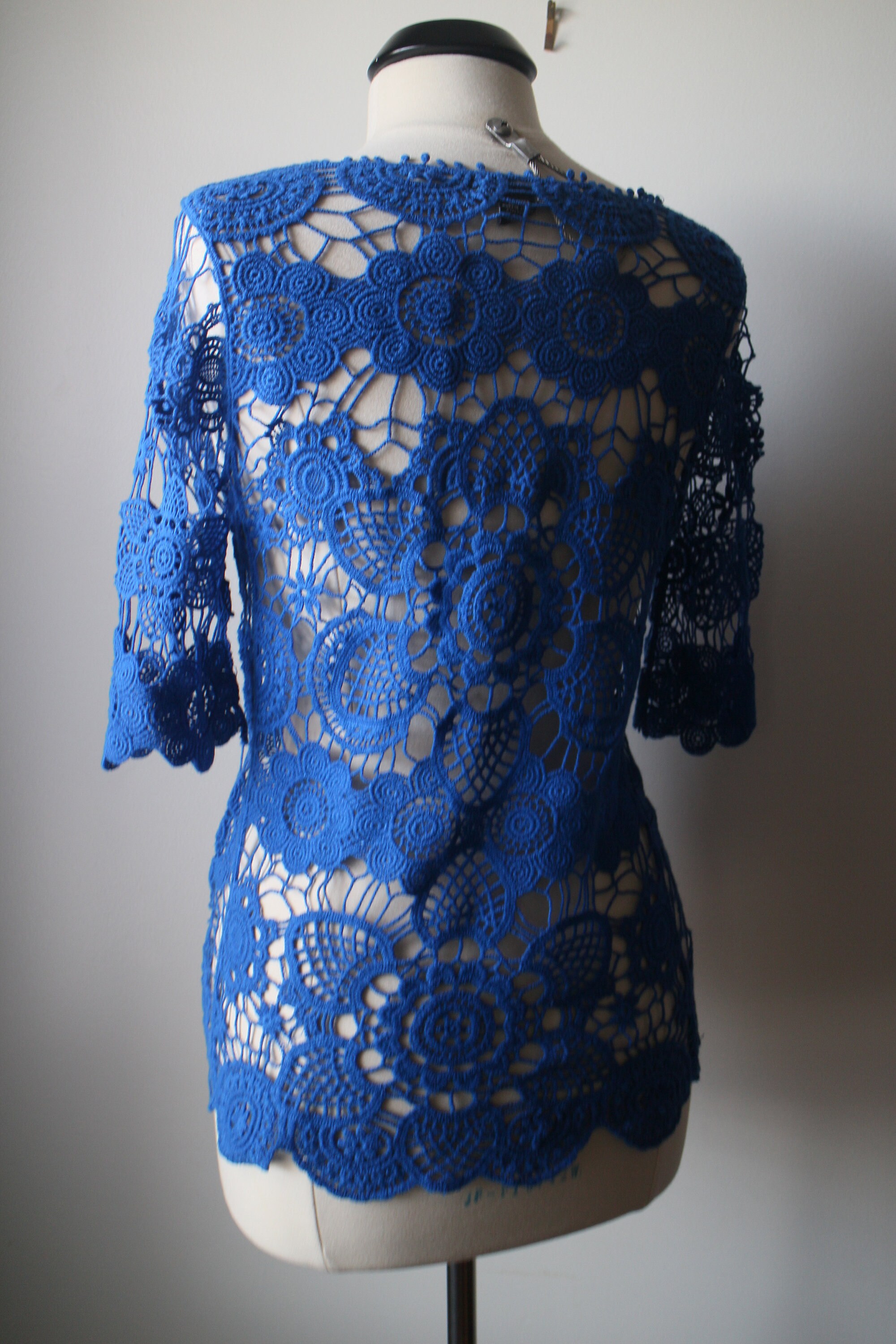 VINTAGE 90s Blue Cotton Boho Crocheted 3/4 Sleeves Top Sz M - Etsy