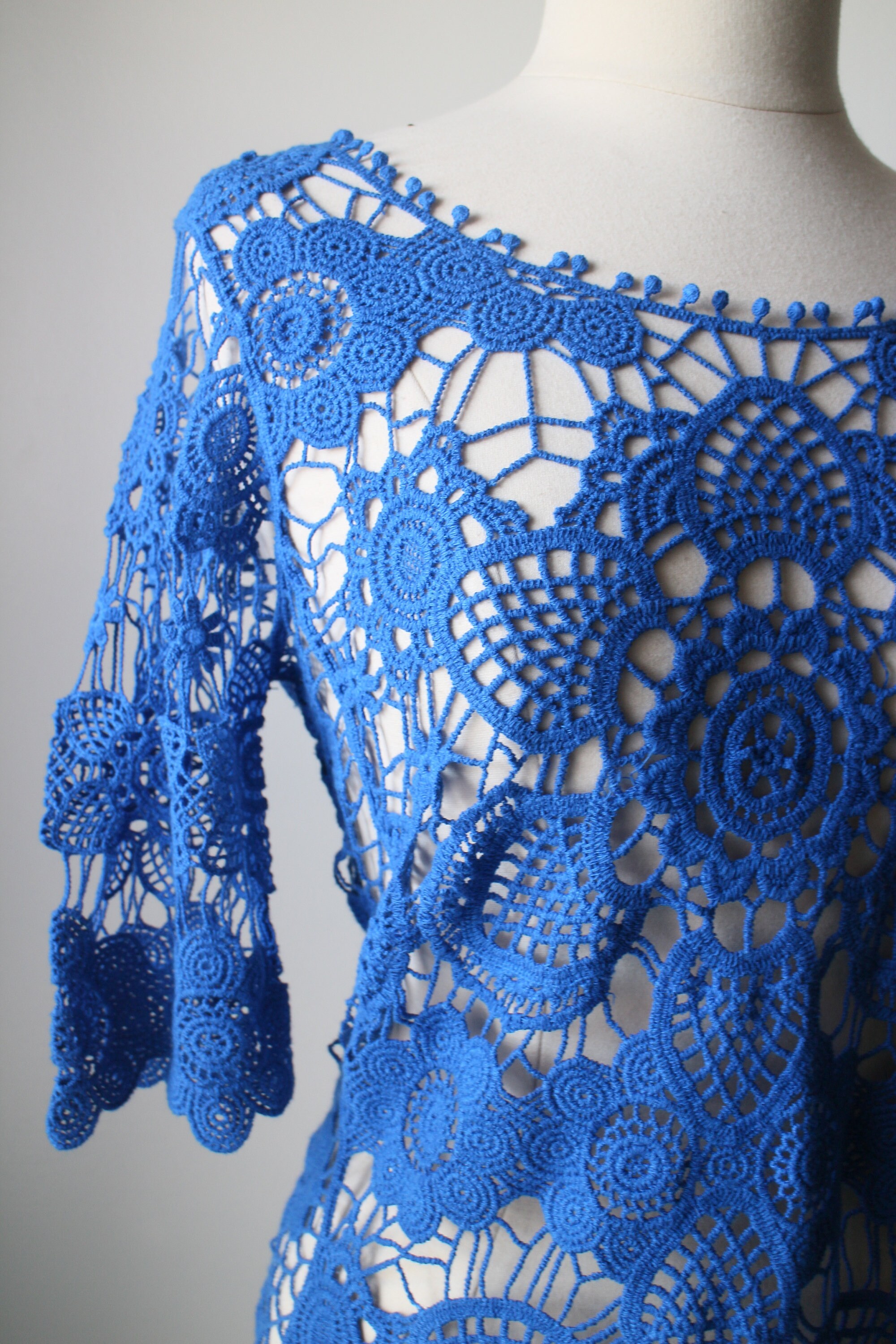 VINTAGE 90s Blue Cotton Boho Crocheted 3/4 Sleeves Top Sz M - Etsy
