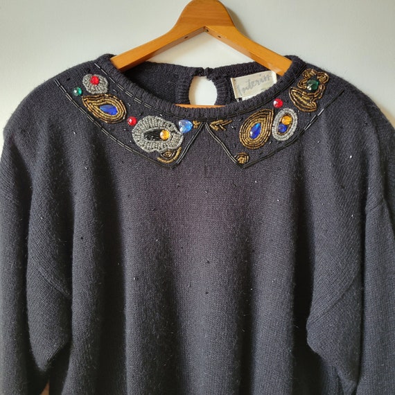 Vintage Interim Jeweled Peter Pan Neck Black Pullover… - Gem