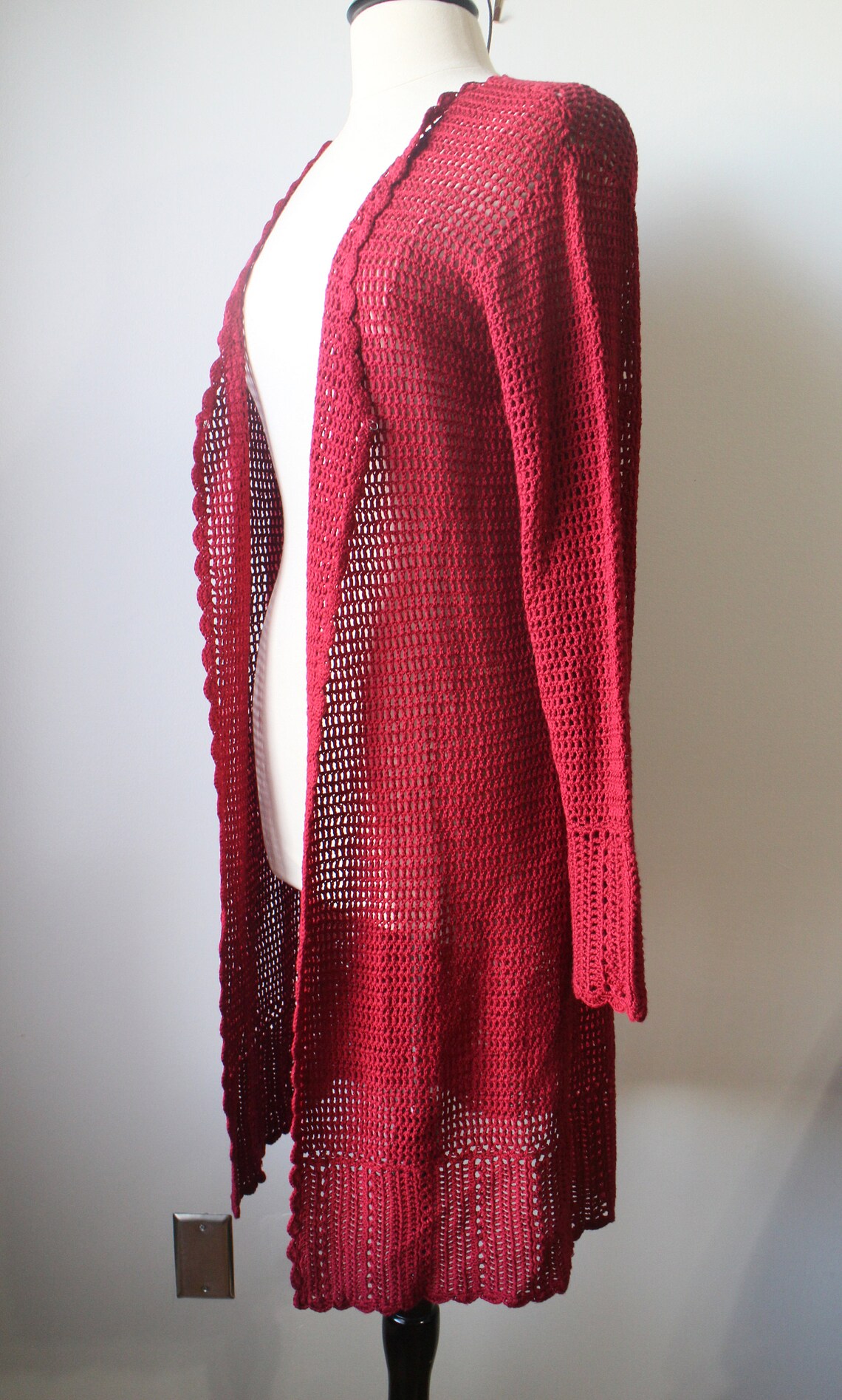 Vintage Long Line Red Crocheted Long Sleeves Cardigan Size L | Etsy