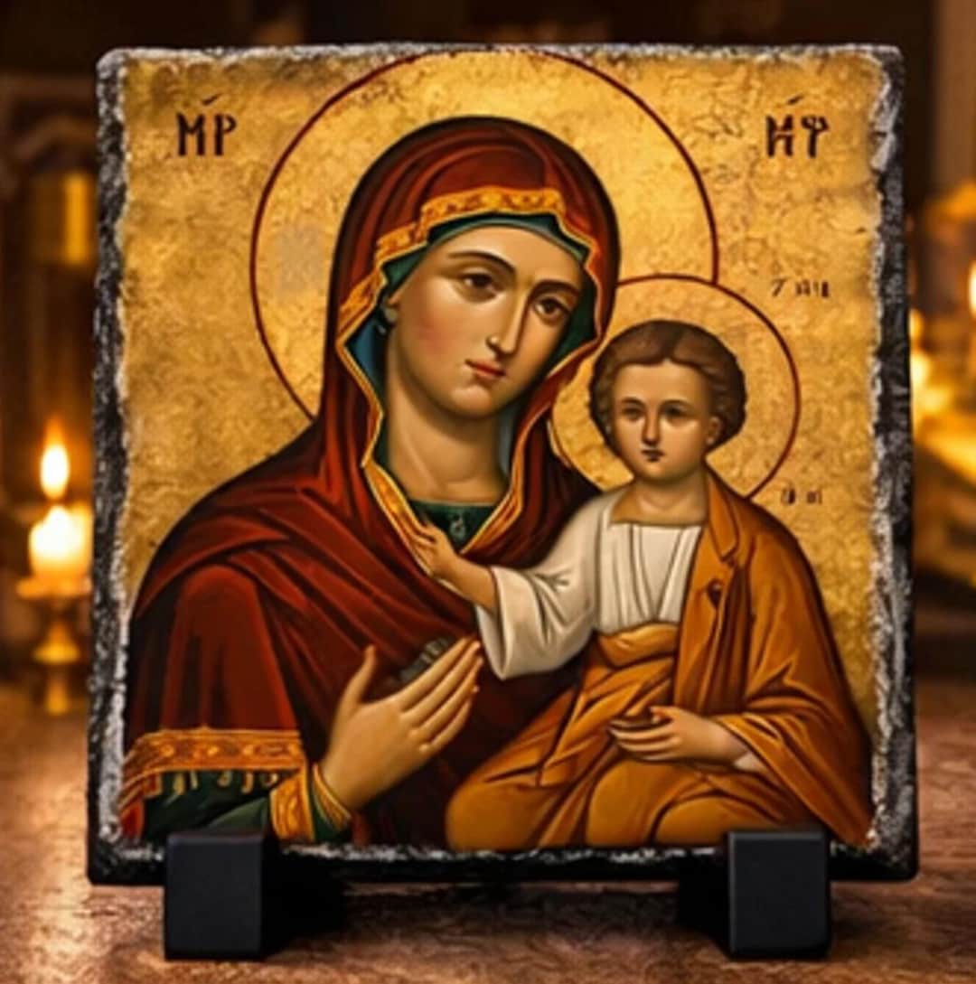 Virgin Mary & Child Jesus Orthodox Icon Rock Slate Plaque Religious ...