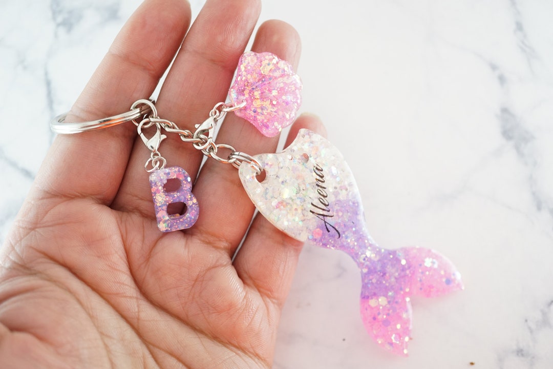 Personalized Mermaid Keychain, Glitter Mermaid Tail Bag Charm, Little ...