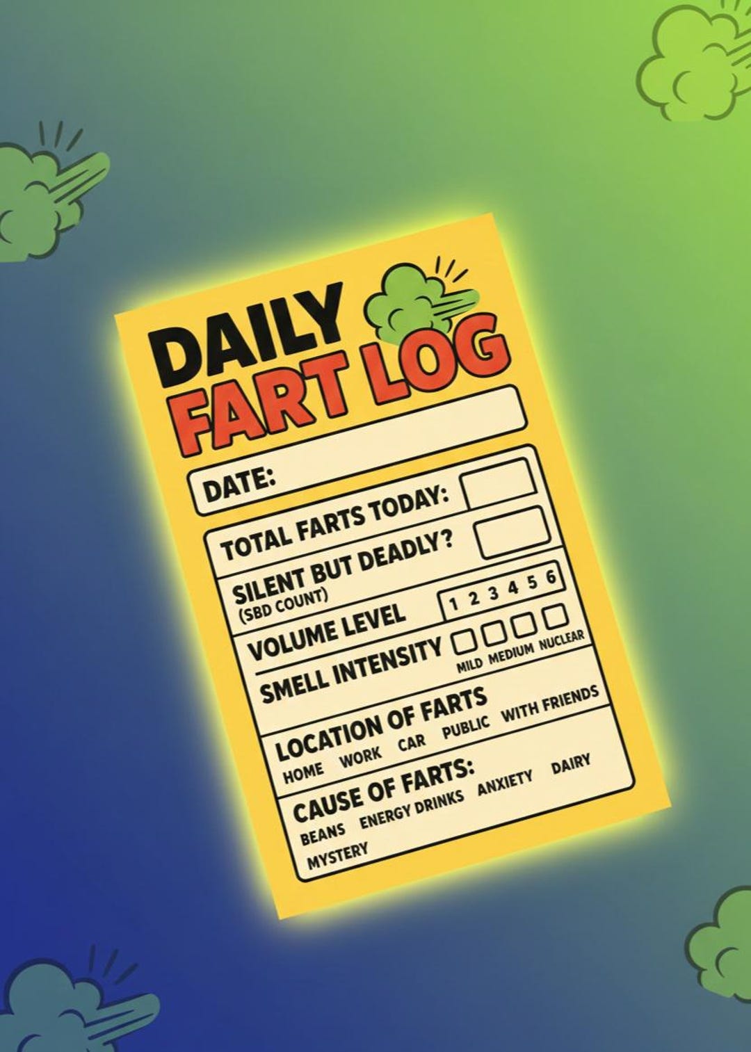 Daily Fart Log | Funny Gag Gift Printable | Office Humor PDF | White ...