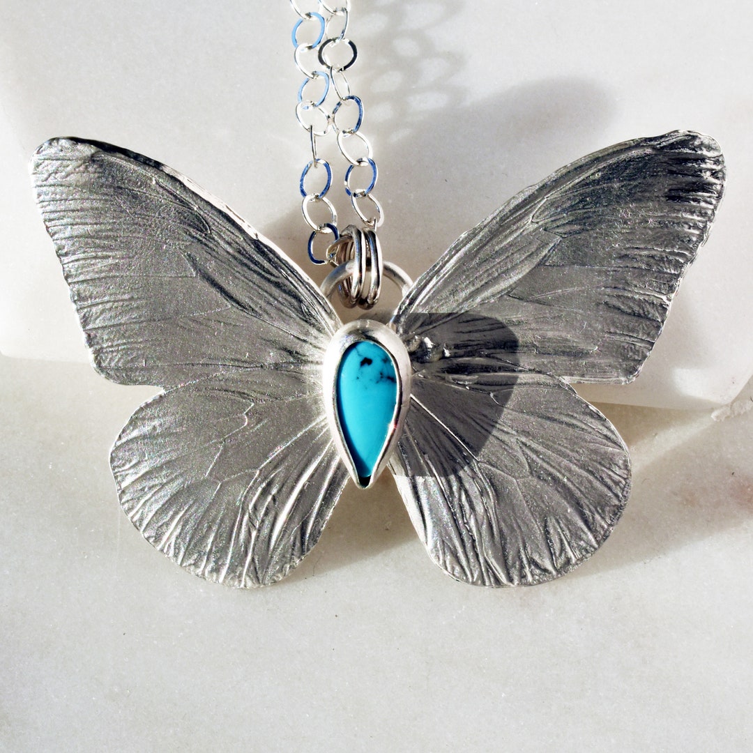Sterling Silver Butterfly With Turquoise Pendant Necklace - Etsy