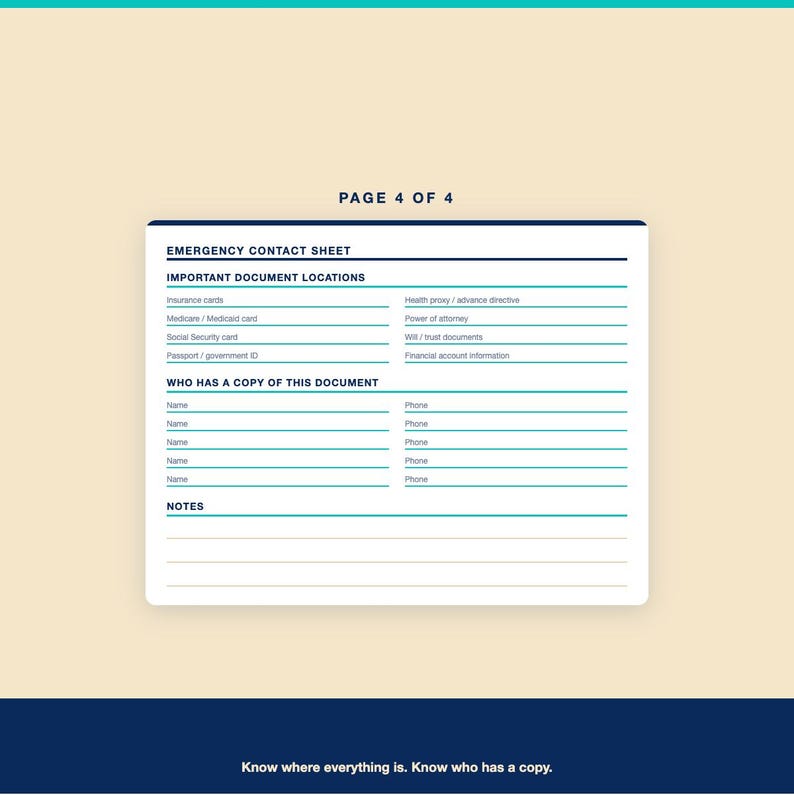 Emergency Contact Sheet for Caregivers | Printable Medical Info Form ...