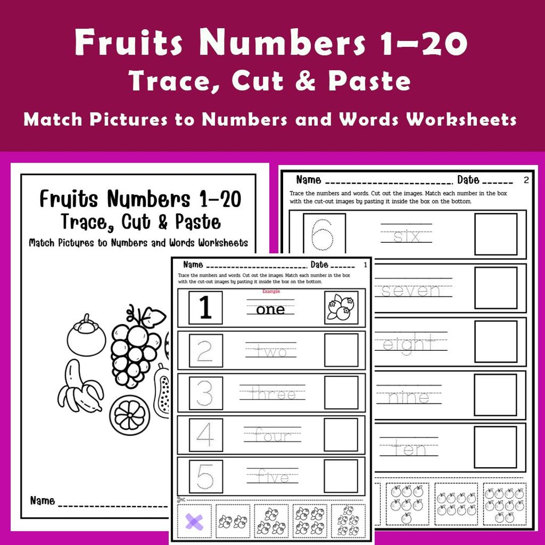 Fruits Numbers 1-20 Worksheets – Trace, Cut & Paste (PDF Pattern) - Etsy UK