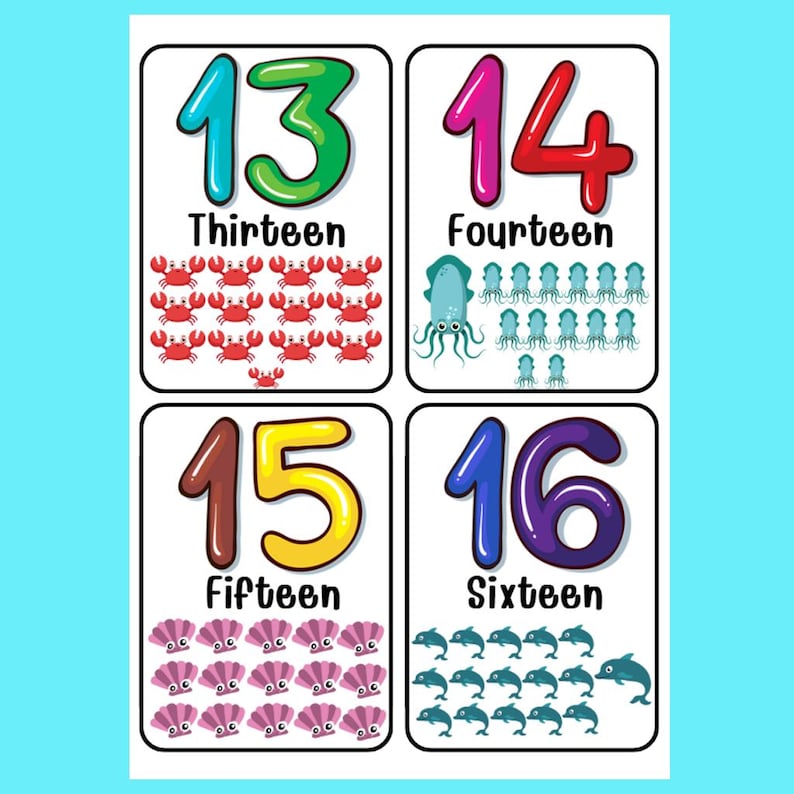 Ocean Animals Number Flashcards 1-20: Printable Math Learning Cards ...