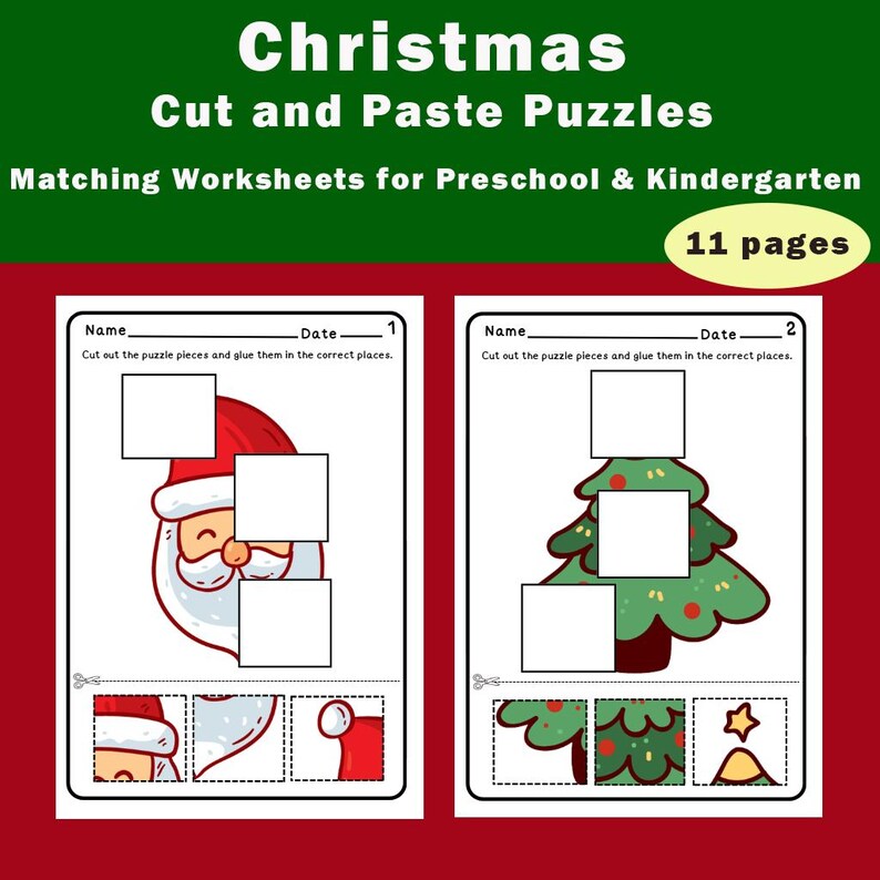 Christmas Cut & Paste Puzzles | Preschool Picture Matching Worksheets ...