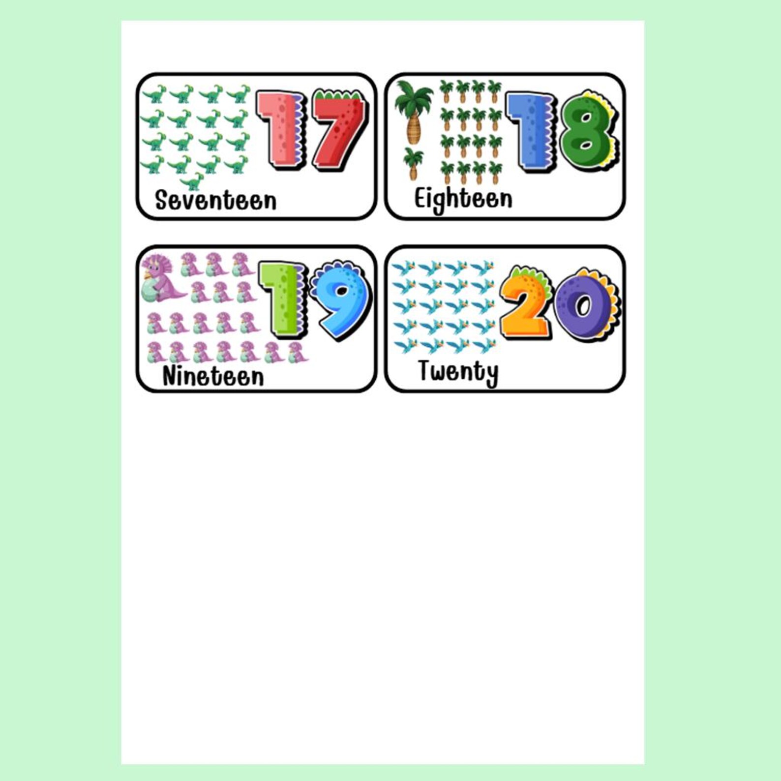 Dinosaur Number Flashcards 1–20 | Colorful Printable Counting Cards for ...