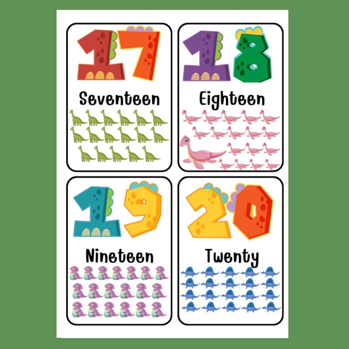 Dinosaur Number Flashcards for Kids 1–20 | Colorful Printable Learning ...