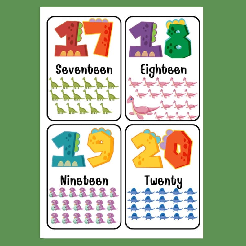 Dinosaur Number Flashcards for Kids 1–20 | Colorful Printable Learning ...