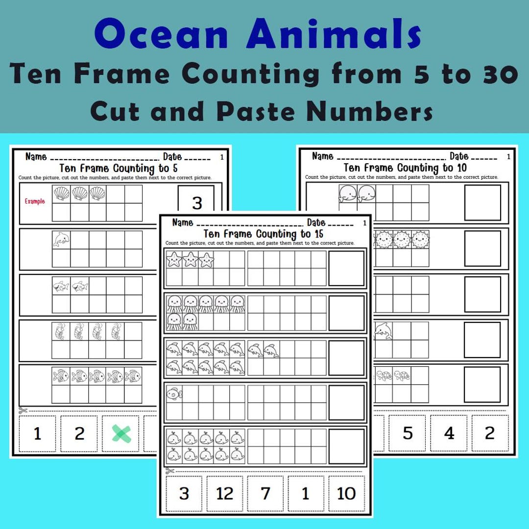Ocean Animals Counting Worksheets | Ten Frame Numbers 5–30 | Cut ...