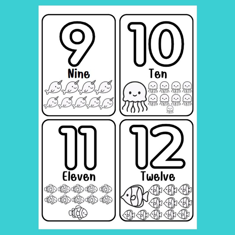 Ocean Animals Counting Flashcards 1–20 | Printable Learning & Coloring ...