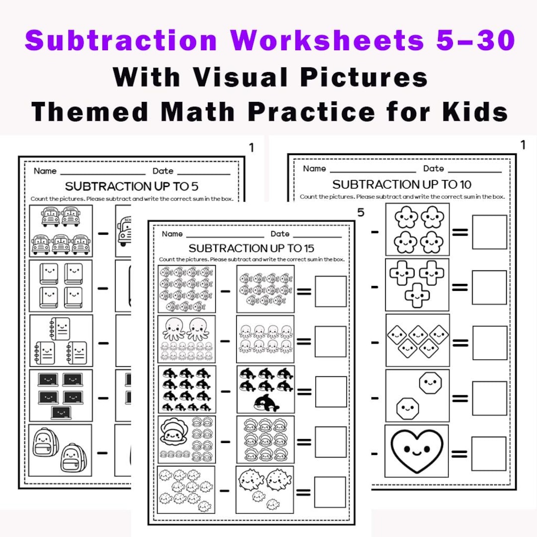 Subtraction Worksheets 5–30 | Visual Picture Math | Themed Subtraction ...