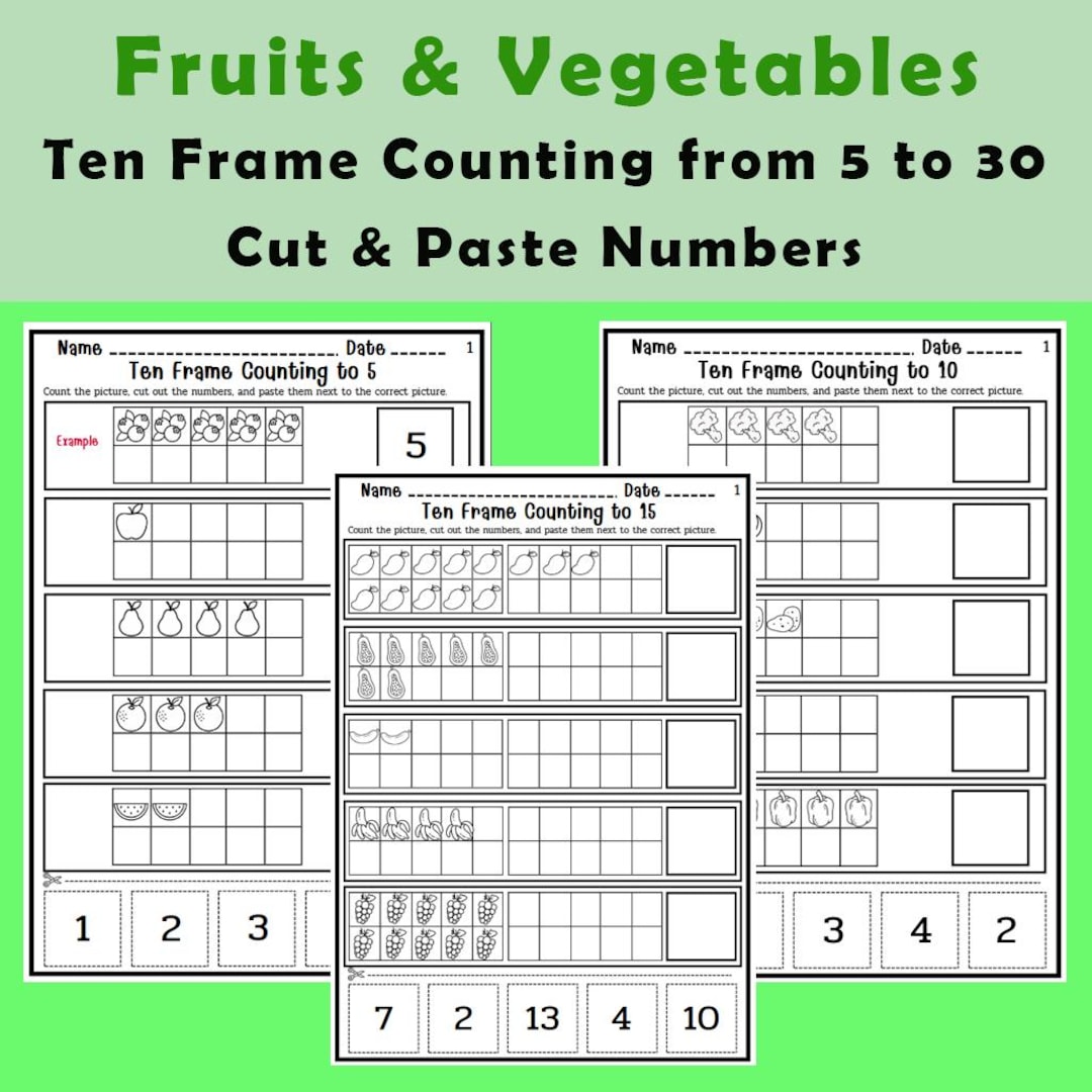 Fruits and Vegetables Ten Frame Counting 5–30 | Cut & Paste Number ...