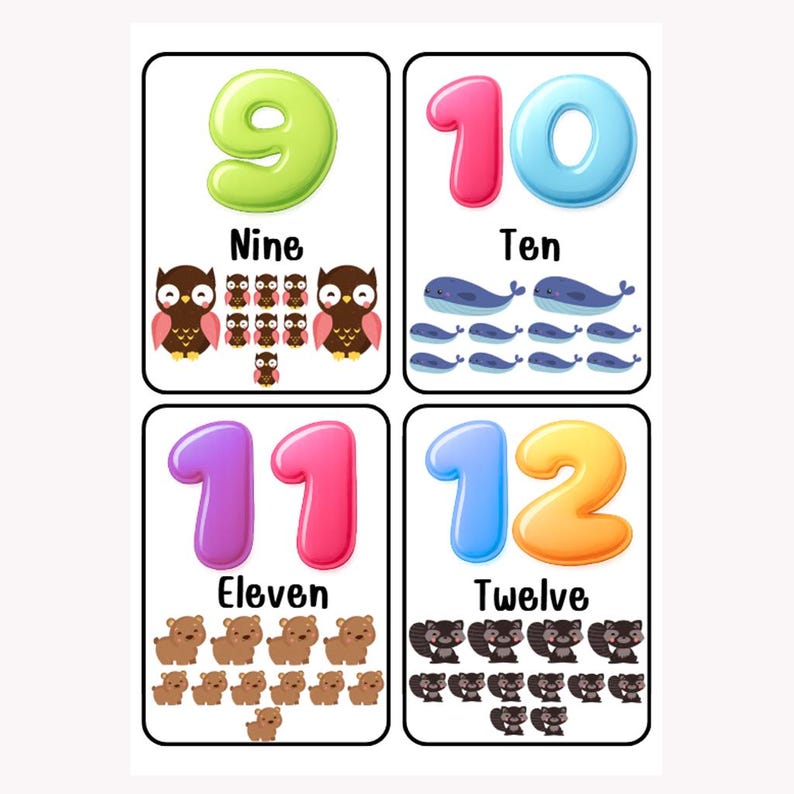 Animals Number Flashcards 1–20 – Colorful Counting Cards for Preschool ...