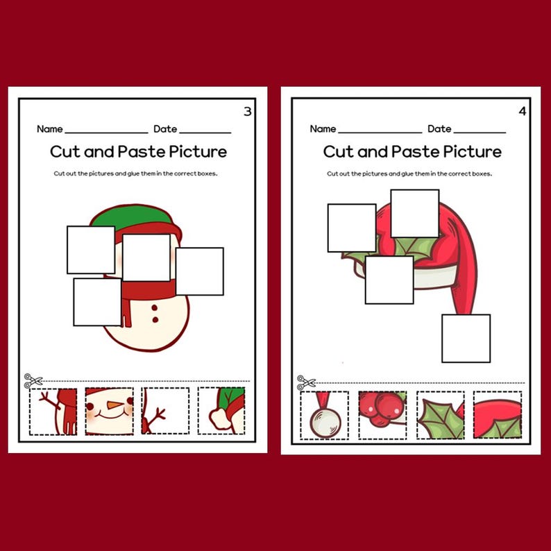Christmas Cut and Paste Picture Matching Worksheets | Kids Activity - Etsy