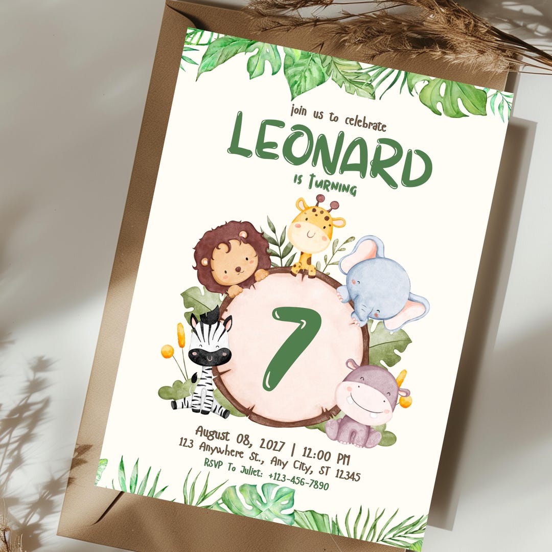 Safari Baby Animals in Tree Stump Birthday Invitation | Jungle Party ...