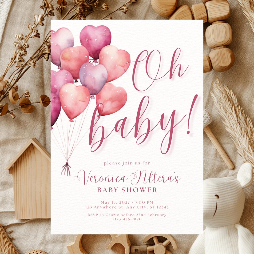 Pink Heart Balloon Cluster Baby Shower Invitation | Editable Canva ...