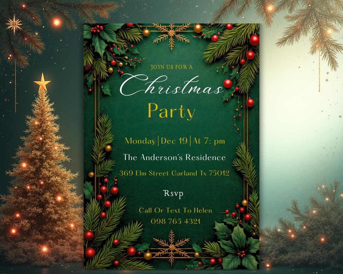 Editable Christmas Party Invitation Template Printable, Elegant Green ...