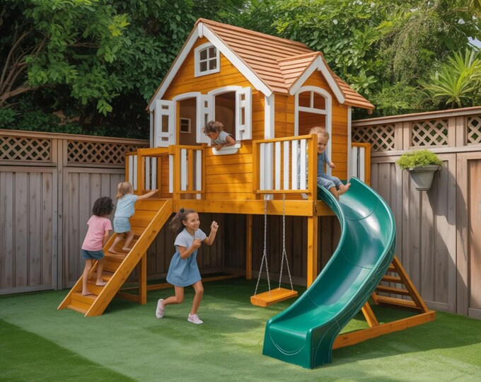 Wooden Playhouse With Slide and Swing – 16ft X 10ft X 9ft Outdoor ...