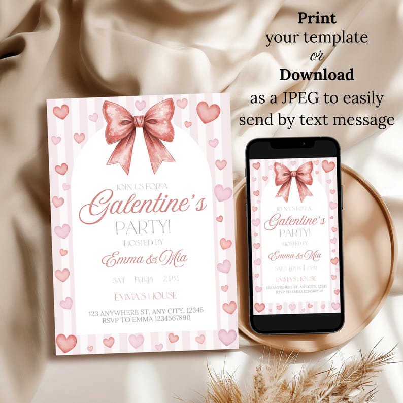 Galentine’s Party Invitation, Girls Valentine’s Day Invite, Bows Hearts ...