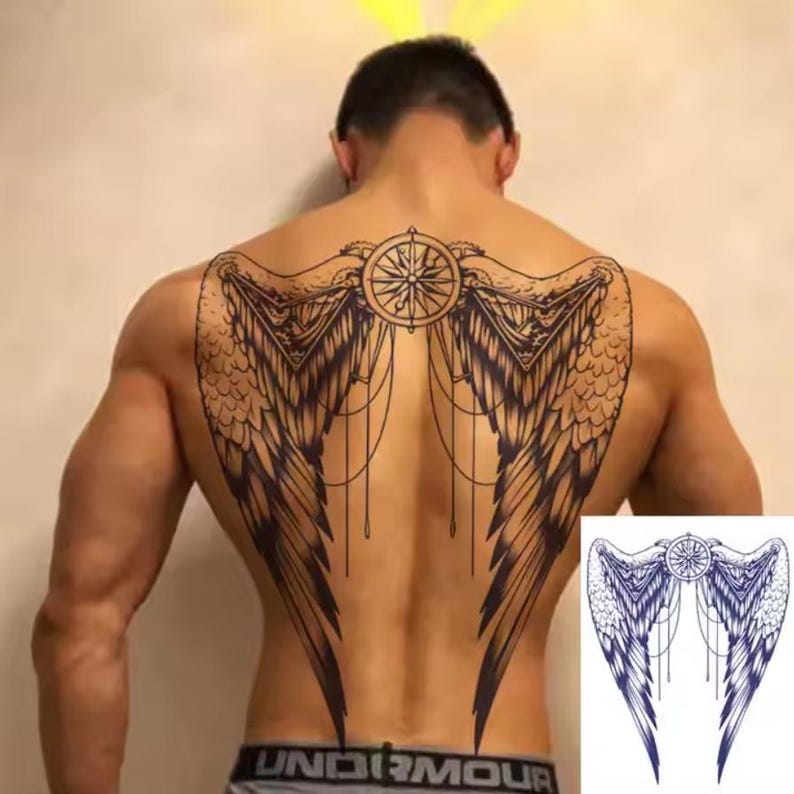 Angel Wings Temporary Back Tattoo, Large Full Back Tattoo, Black ...
