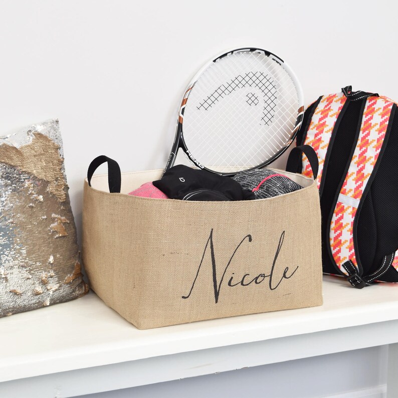 Personalized Burlap Storage Basket, Custom Name Print - Etsy