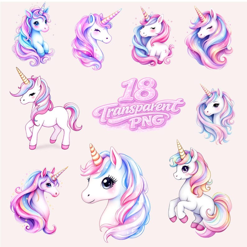Unicorn PNG Bundle, Cute Unicorn Clipart, 18 Transparent PNG 300 DPI - Etsy