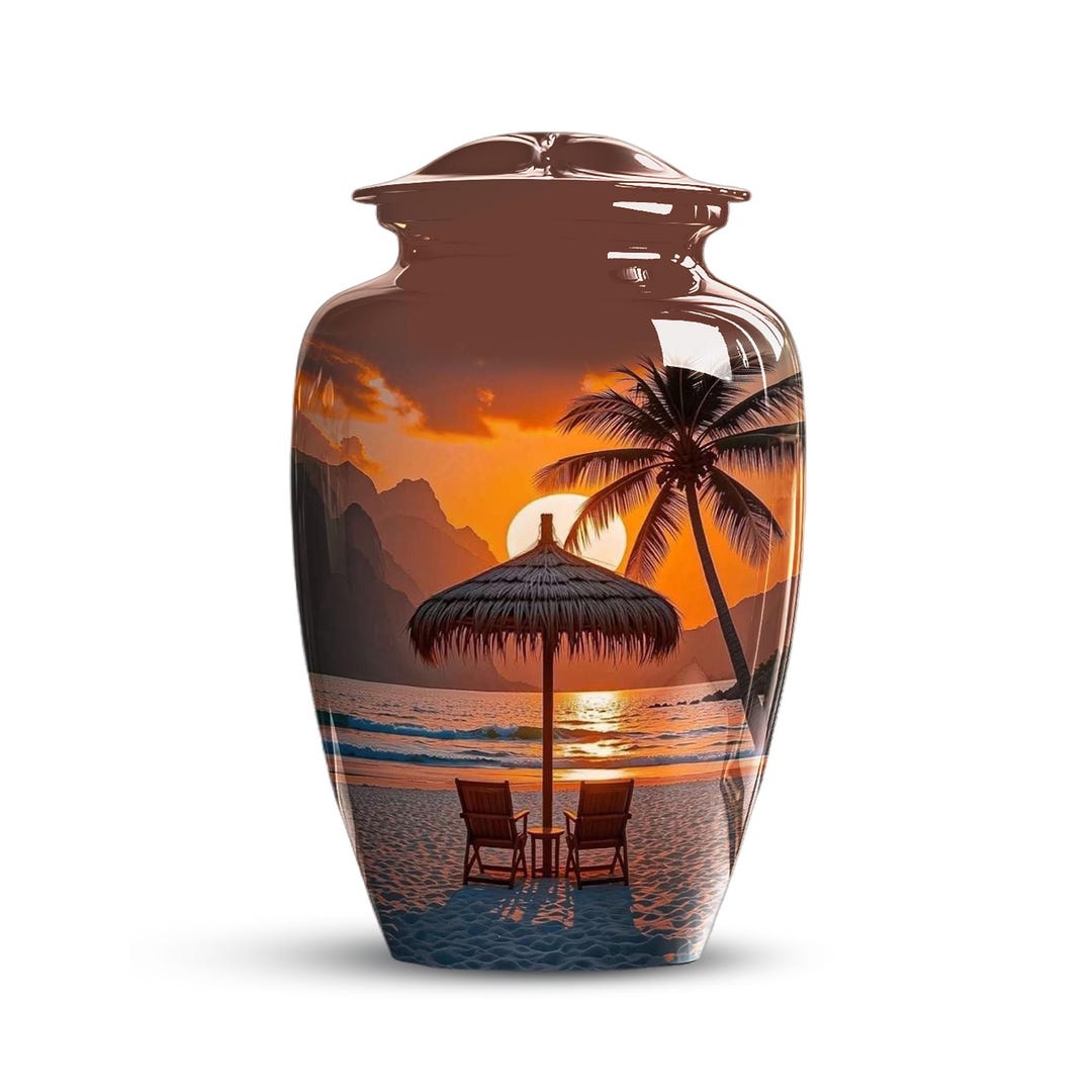 Sunset Beach Memorial Urn– Peaceful Ocean Cremation Urn With Palm Trees ...