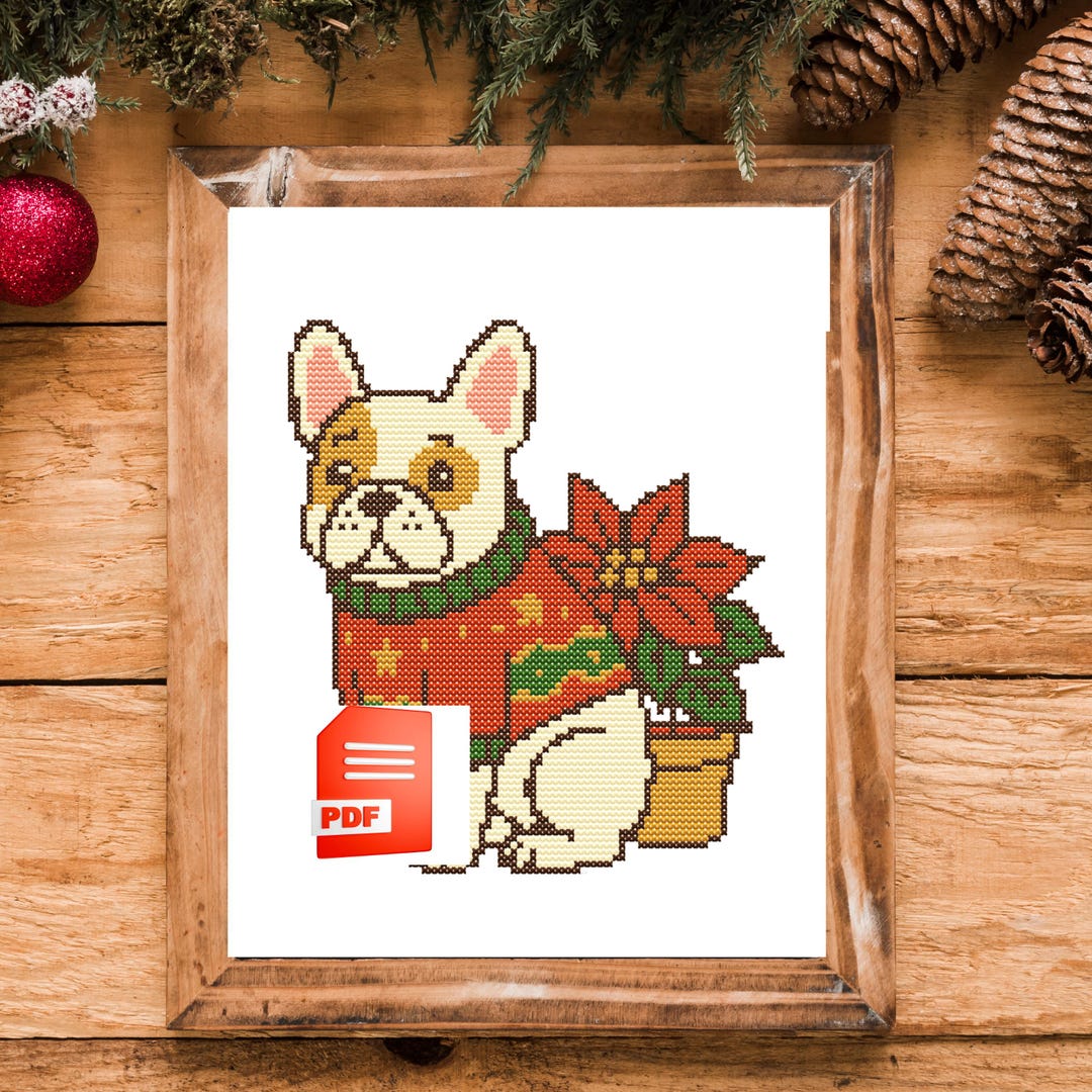 Frenchie and Christmas Poinsettia Cross Stitch Pattern PDF – 105x105 ...